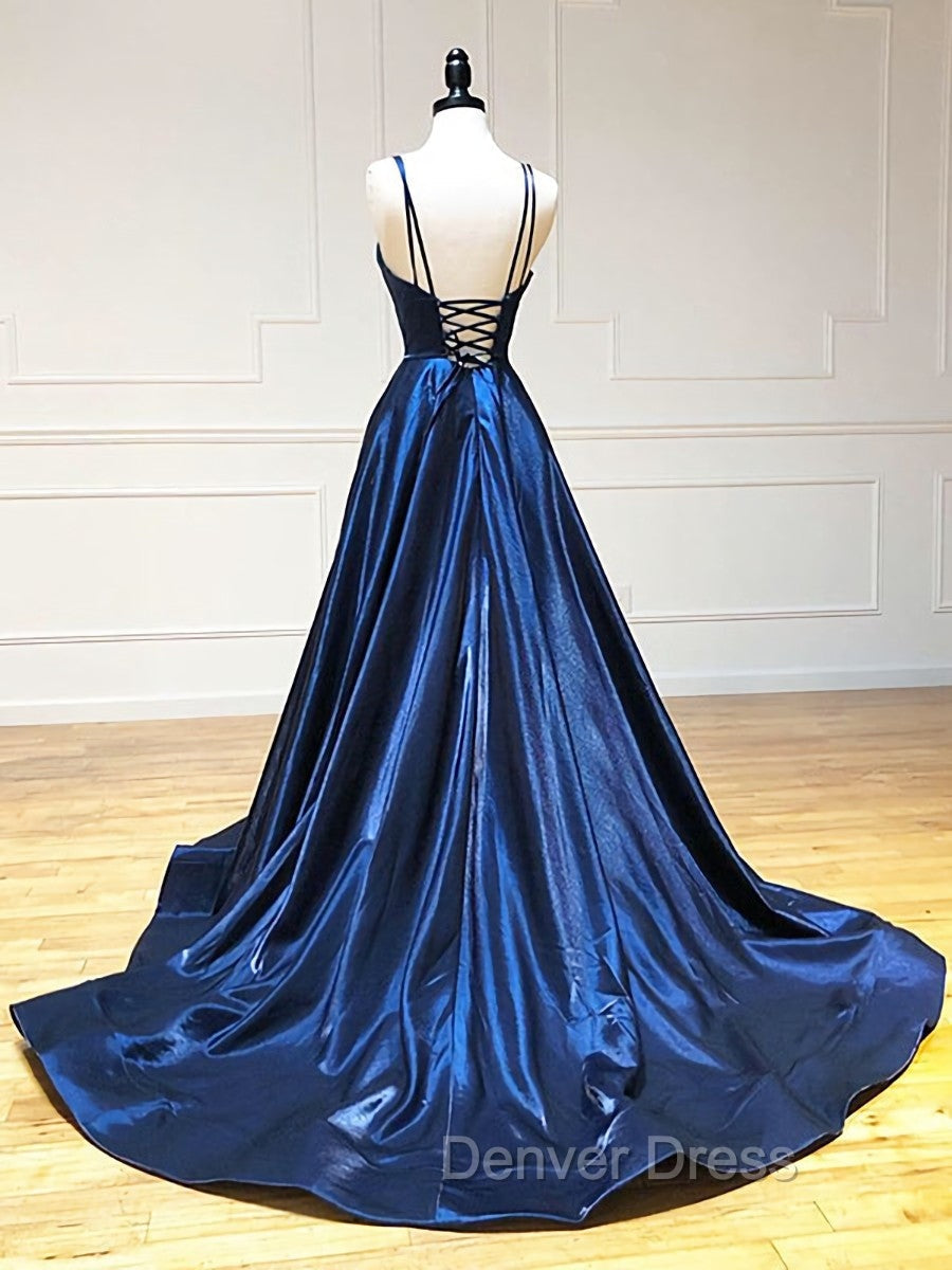 A Line V Neck Backless Dark Navy Blue Prom Dresses, Open Back Navy Blu ...