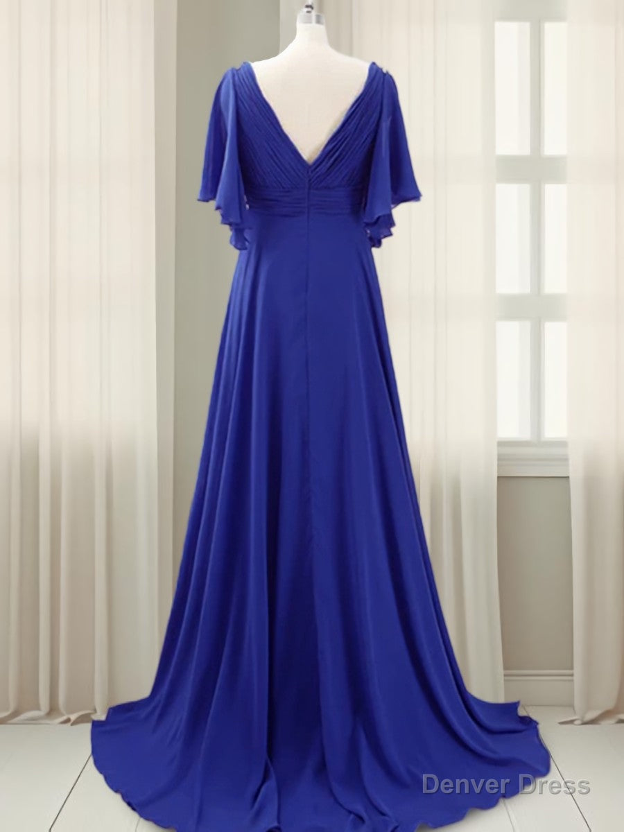 A-line V-neck Short Sleeves Pleated Sweep Train Chiffon Mother of the ...