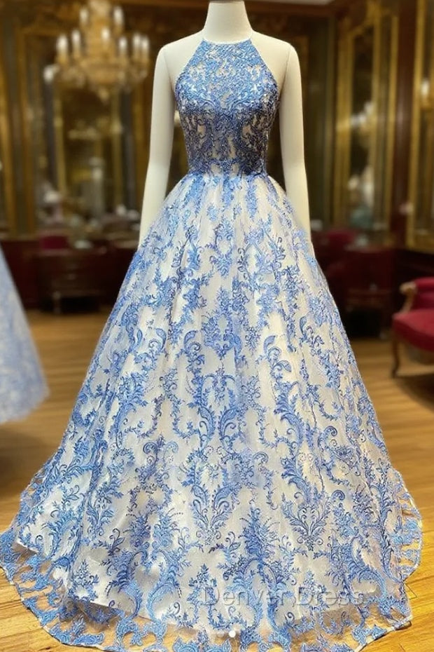Blue High Neck Tulle Lace Long Prom Dresses Blue Lace Evening Dresses ...