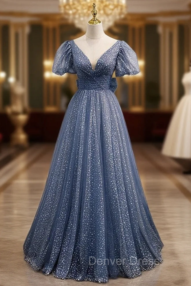 Blue Tulle Puff Sleeve Wave Point Prom Dresses – Denver Dress