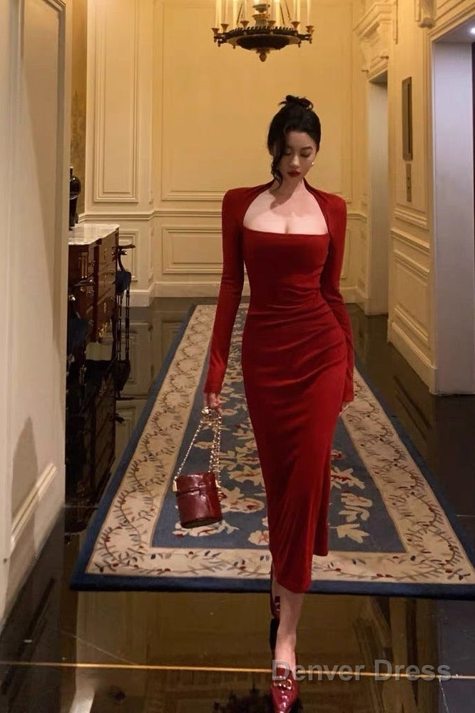 Chic Sheath Long Sleeves Red Prom Dresses Sexy Birthday Outfits ...