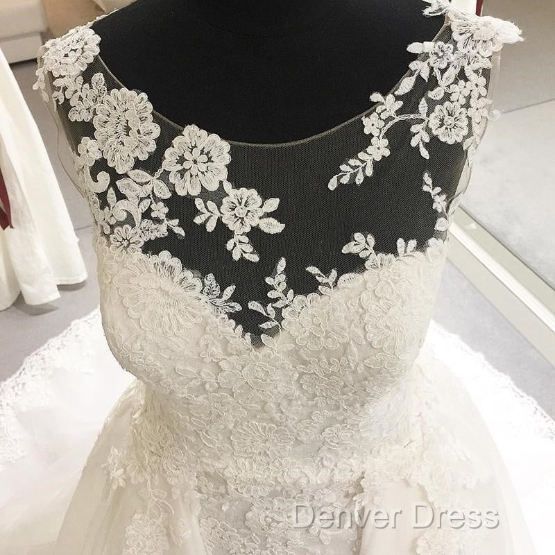 Elegant Sheer Lace Appliques Neckline Court Train Princess Wedding Dre ...