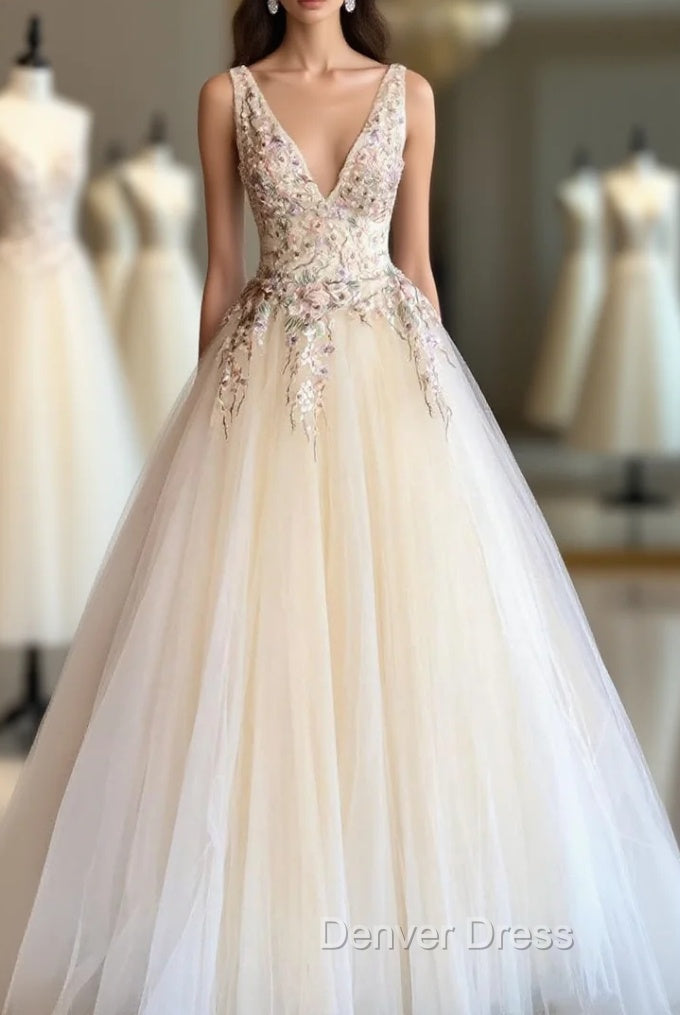 Elegant V Neck Ivory Long Prom Dresses with Floral Embroidery – Denver ...