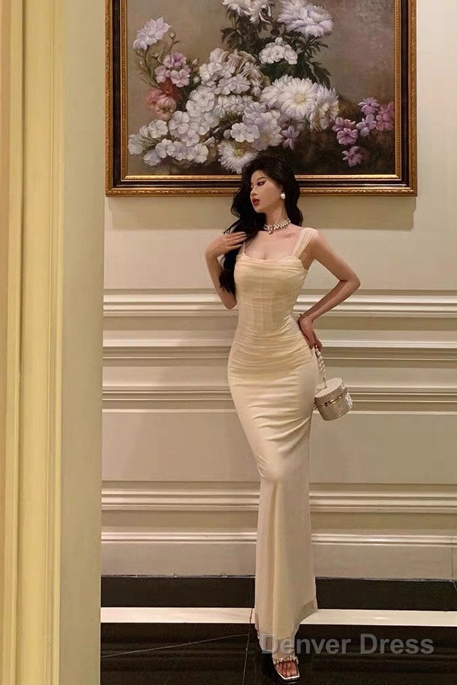 French Sheath Straps Ivory Long Tulle Prom Dresses Birthday Outfits ...