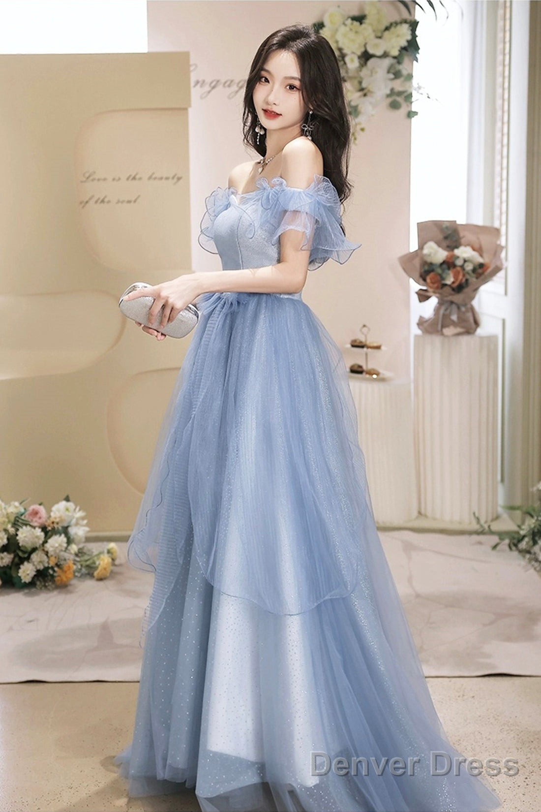 French Stylish Off Shoulder Blue Tulle Prom Dress With Bow – Denver Dress