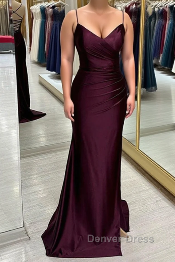 Cabernet Satin V Neck Lace Up Back Pleated Long Prom Dresses with Silt ...