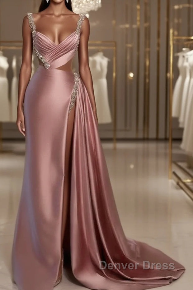 Pink Sweetheart Spaghetti Strap Prom Dresses with High Slit Trail ...