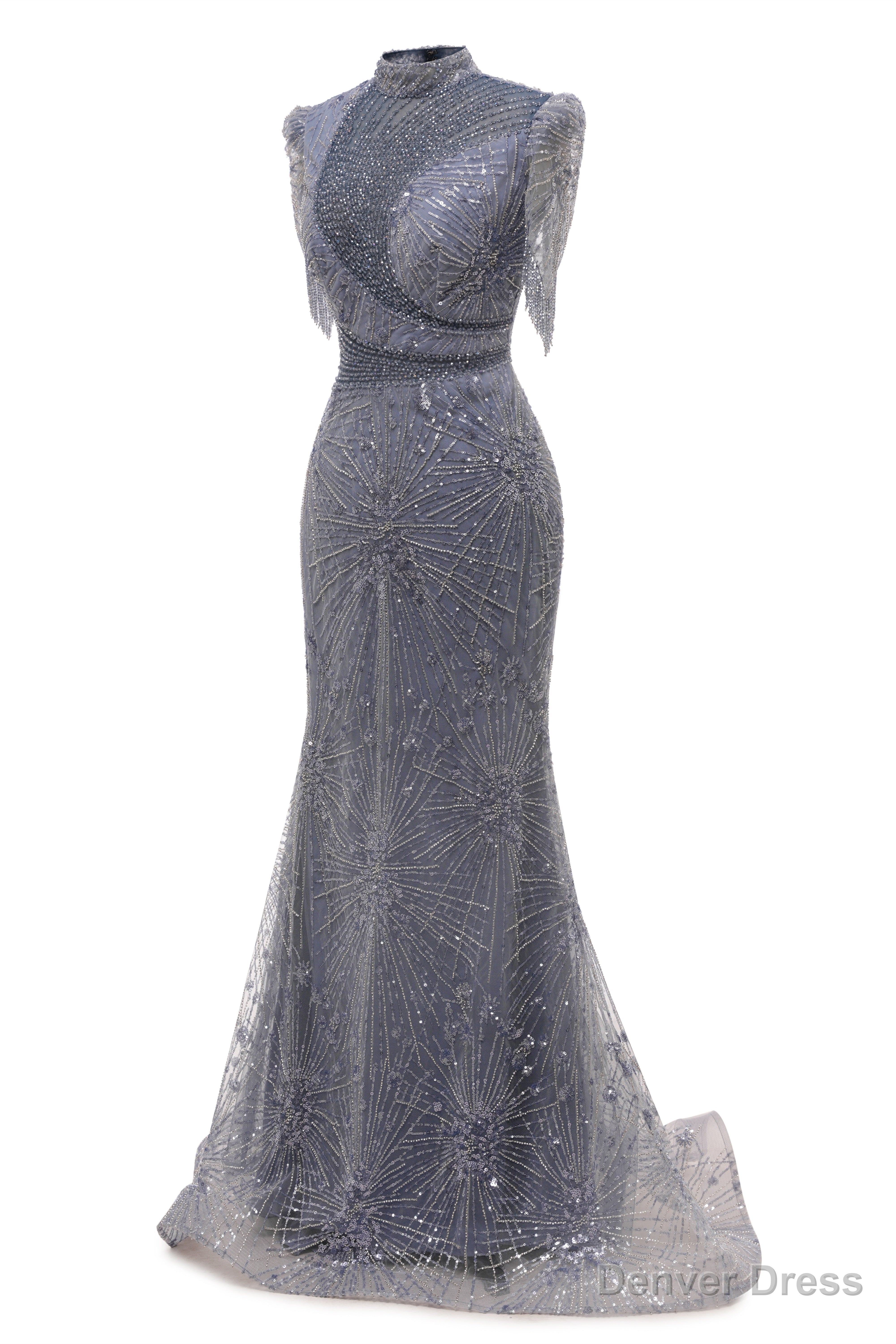Lace Sequin Long Grey Prom Dresses High Neck Beaded Mermaid Long Eveni ...
