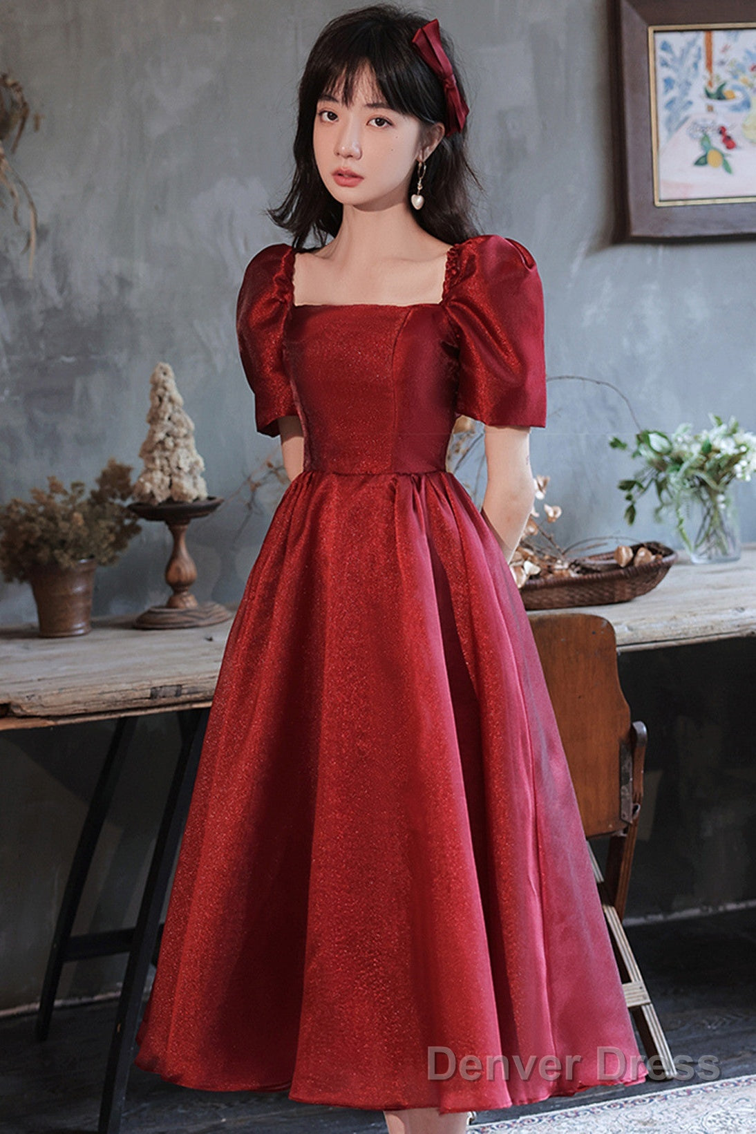 Lovely Wine Red Short Sleeves Organza Prom Dress, A-Line Wine Red Prom ...