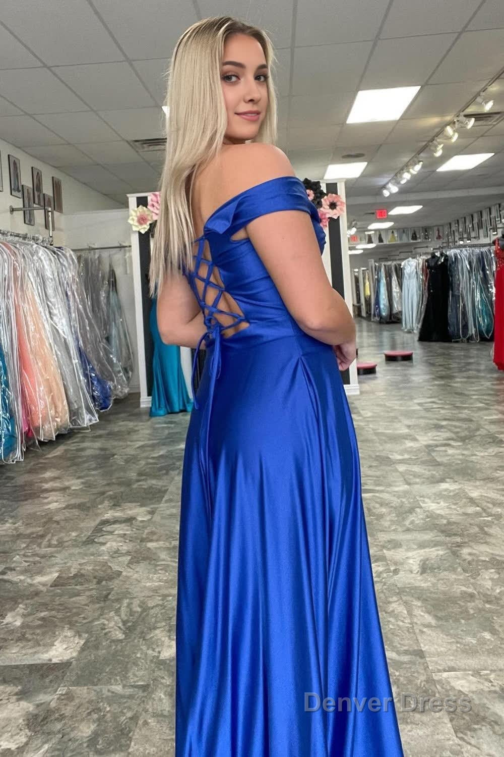 Off Shoulder Royal Blue Satin Prom Dress with Slit – Denver Dress