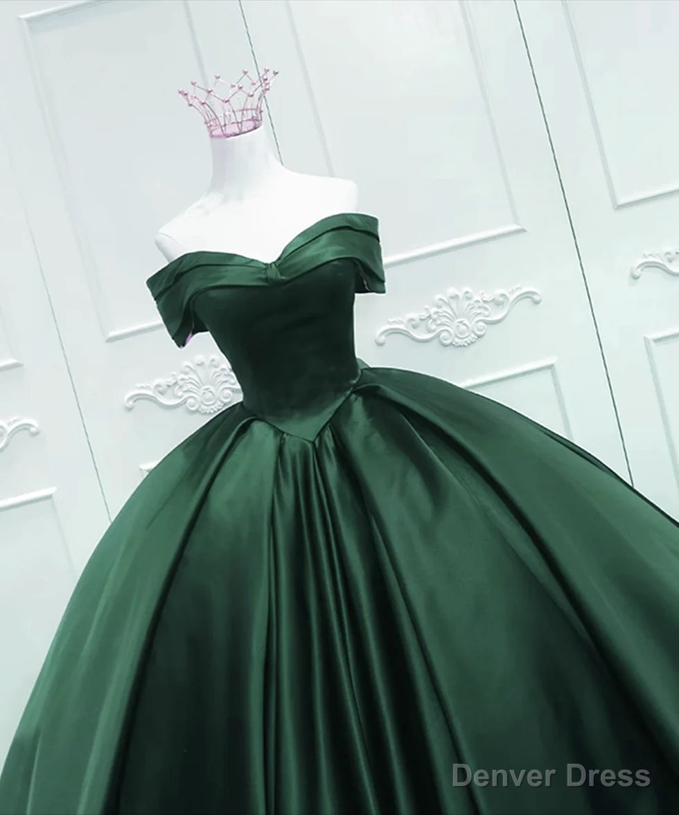 Off the Shoulder Ball Gown Dark Green Satin Quinceanera Dresses ...