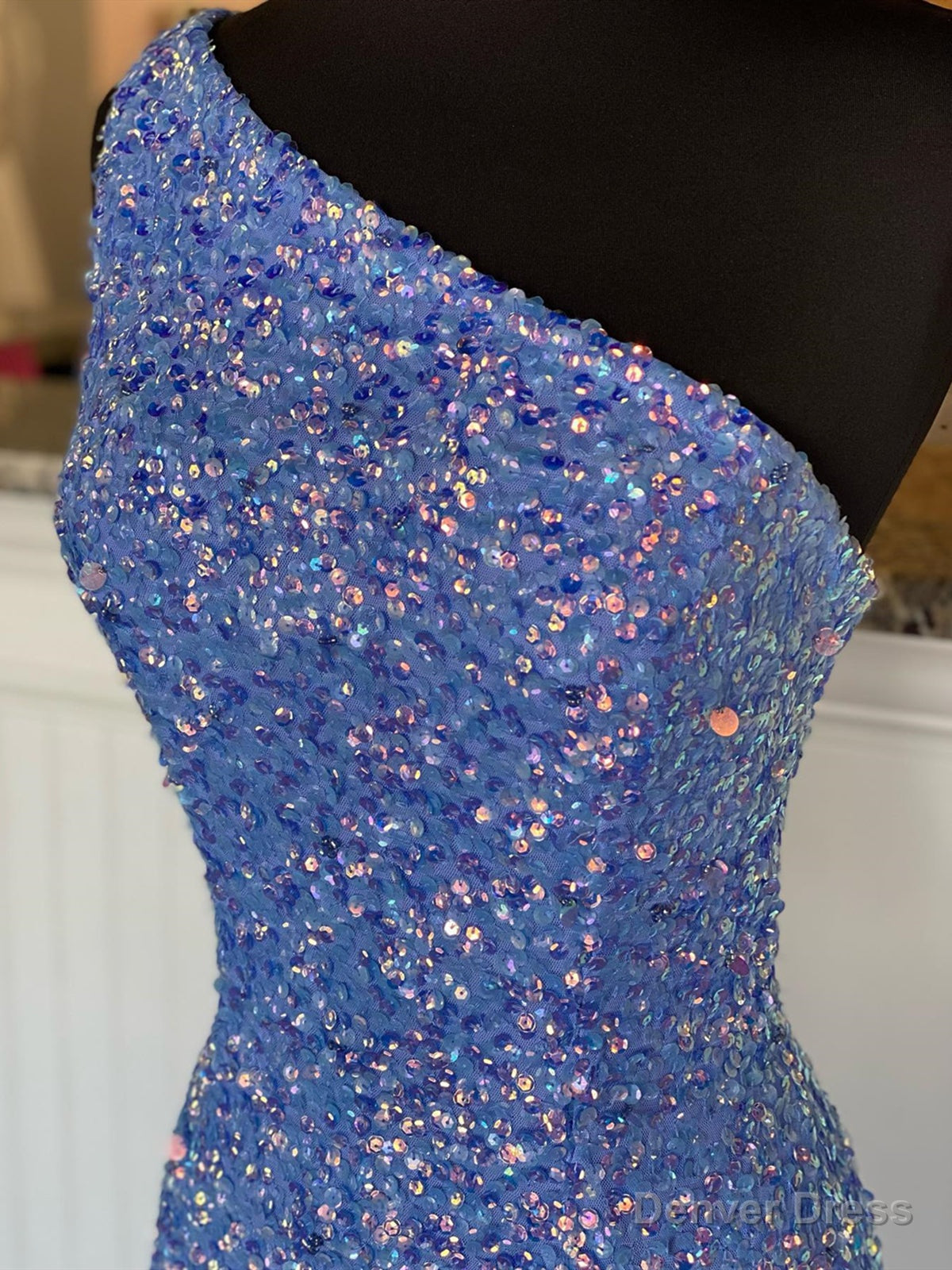 One Shoulder Purple Sequins Long Prom Dresses, One Shoulder Purple Lon ...