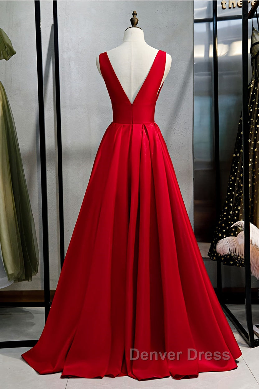 Red v neck satin long prom Dress simple red Prom Dresses – Denver Dress
