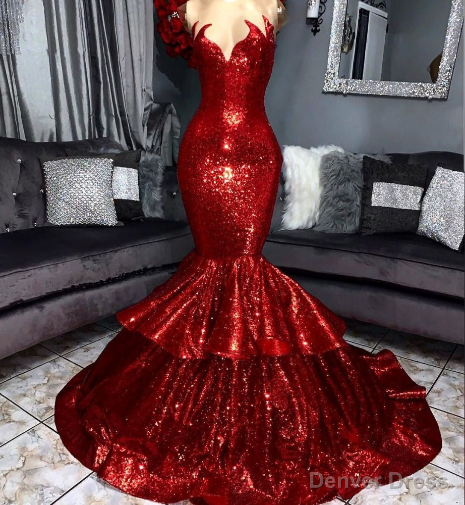 Shining Hot Red Mermaid Prom Party Gowns with Ruffles – Denver Dress