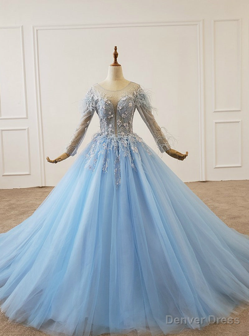 Sky Blue Tulle Long Sleeve Backless Appliques Beading Wedding Dress ...
