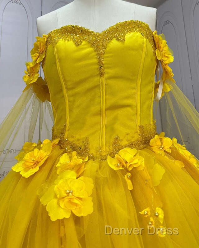 Yellow 3D Flowers Ball Gown Dress With Cape – Denver Dress